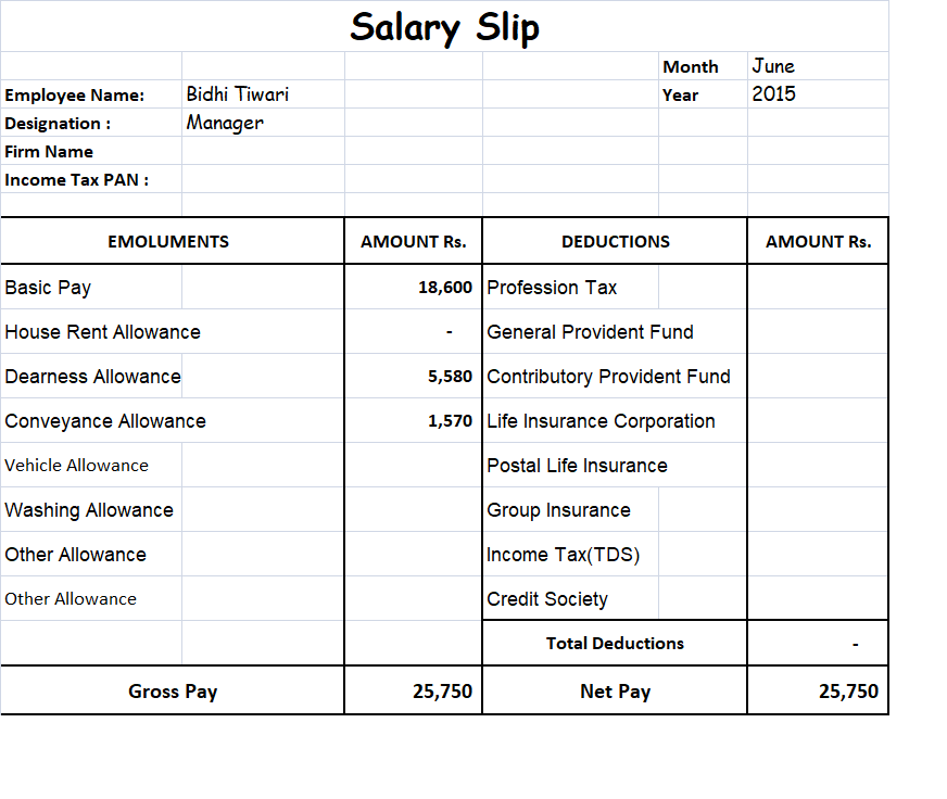 SALARY SLIP FORMAT IN EXCEL – Pro-Formats